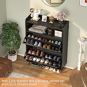 Aheaplus Shoe Cabinet with Flip Doors, Shoes Storage Organizer with Motion Sensor Led Light, Entryway Wood Freestanding Tipping Bucket Shoe Rack with Open Shelves for Closet, Living Room, Black