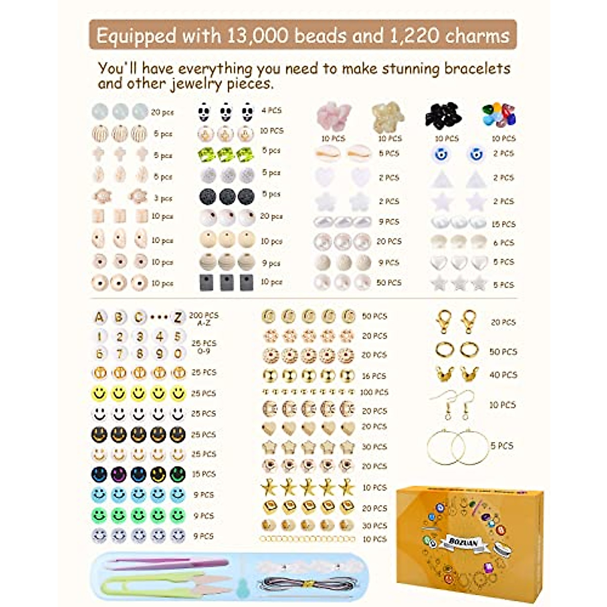 BOZUAN 4 Boxes 14220 PCS Polymer Clay Beads for Bracelet Making Kit for Teen Girls Ages 6-12, Jewelry Making Kit with White Turquoise, Volcanic Stones, Obsidian, Crystal Stones and So On