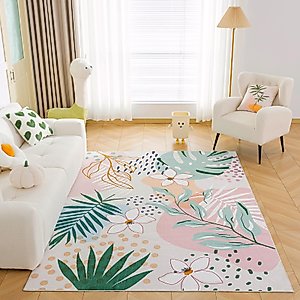 CHOSHOME Floral Rug for Living Room, 5x7 Rug, Super Soft Washable Rugs, Low Pile Rugs for Bedroom Girls Non-Slip Area Rug, Colorful Carpet, Nursery Rug for Kids, Pink Rug for Dining Room Playroom