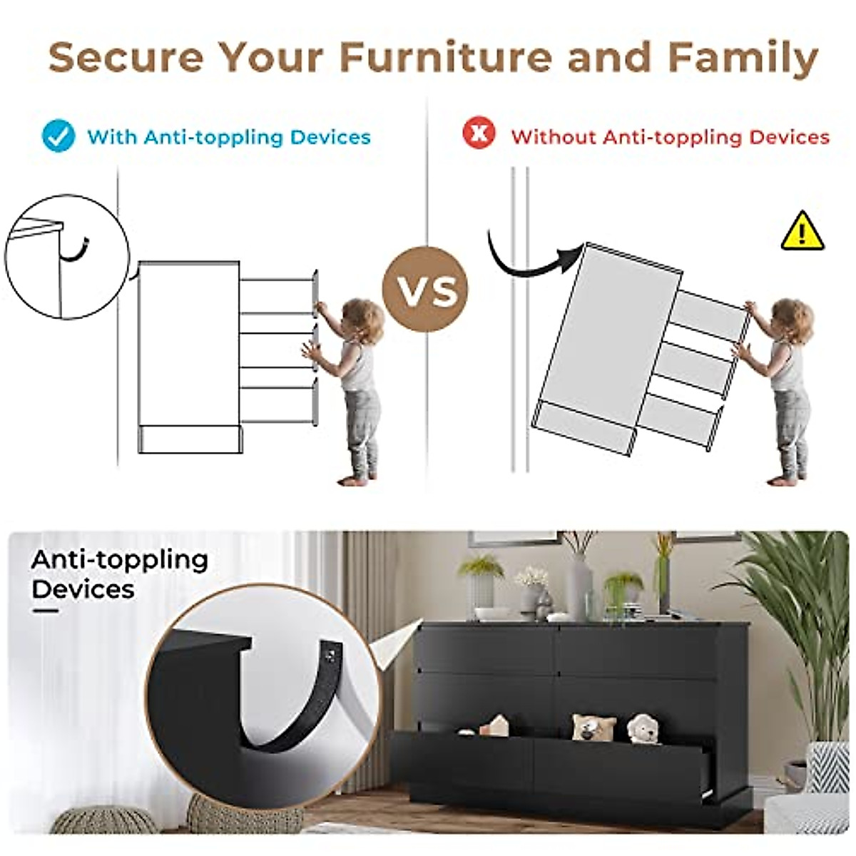 EPHEX 6 Drawer Dresser, Black Chest of Drawers, Storage Tower Clothes Organizer Closet, Double Dresser for Bedroom, Living Room, Entryway, 51.6''L x 15.7''D x 29.3''H