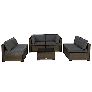 JSUN7 7 Pieces Patio Couch Outdoor Furniture Sets PE Golden Brown Rattan Sectional Conversation Sofa Set Washable Cushions with Glass Coffee Table(Dark Gray)