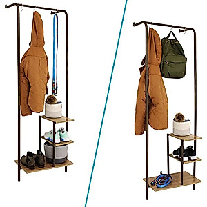 Sunnydaze 67-Inch H Wall-Mounted Garment Hanging Rack with Shelves and Hooks -Rustic Wood with Black Metal Frame
