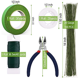 GLAMFIELDS Floral Arrangement Kit with Cutter, 5 Rolls 1/2" Wide Floral Tapes, 100 pcs 26 Gauge Floral Stem Wire, 1 Roll 22 Gauge Floral Wire for Bouquet Stem Wrapping and Floral Crafts