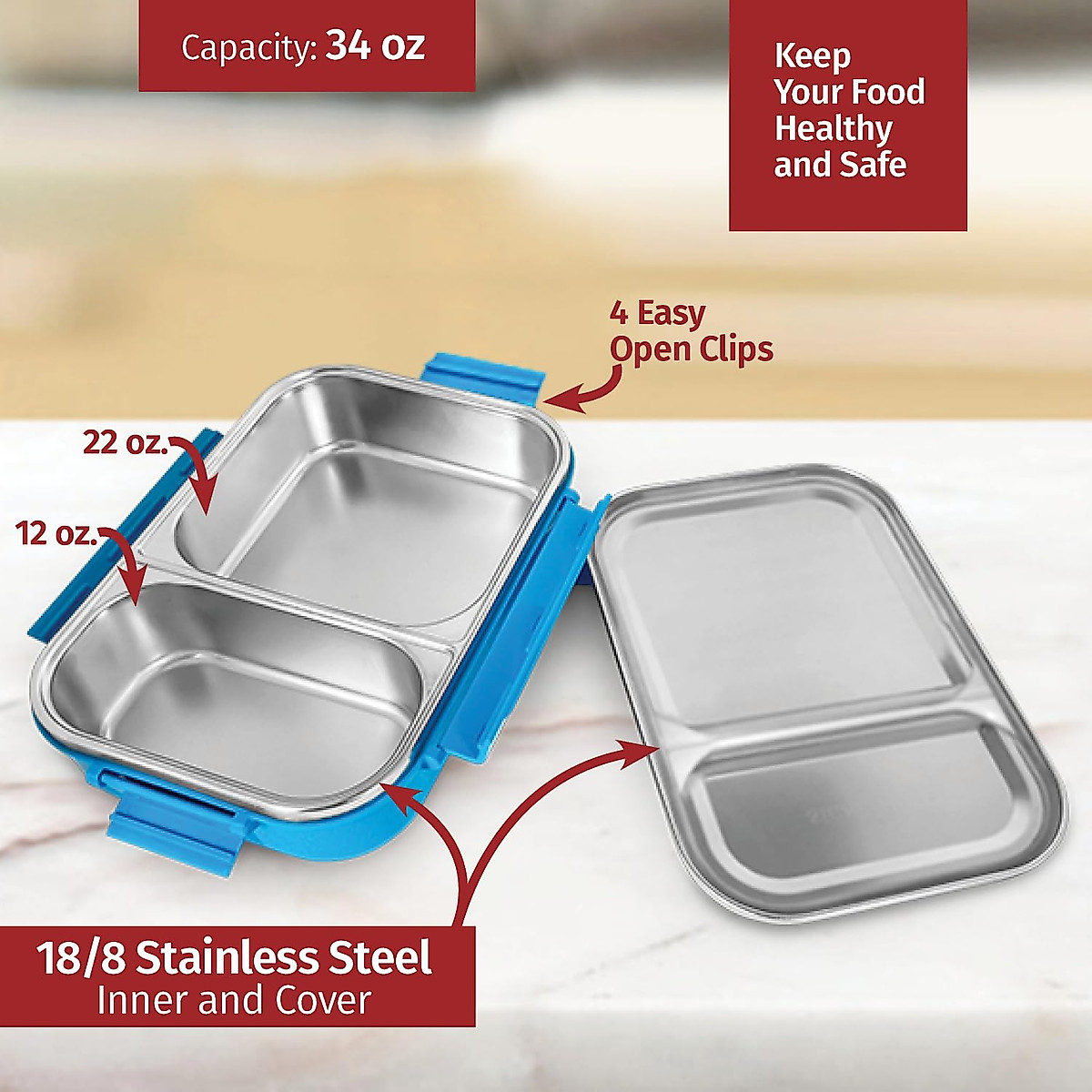 Signoraware Stainless Steel Bento Box For Men, Blue, 34 Oz, Leakproof Between 2 Compartments, Portion Control, Easy To Carry