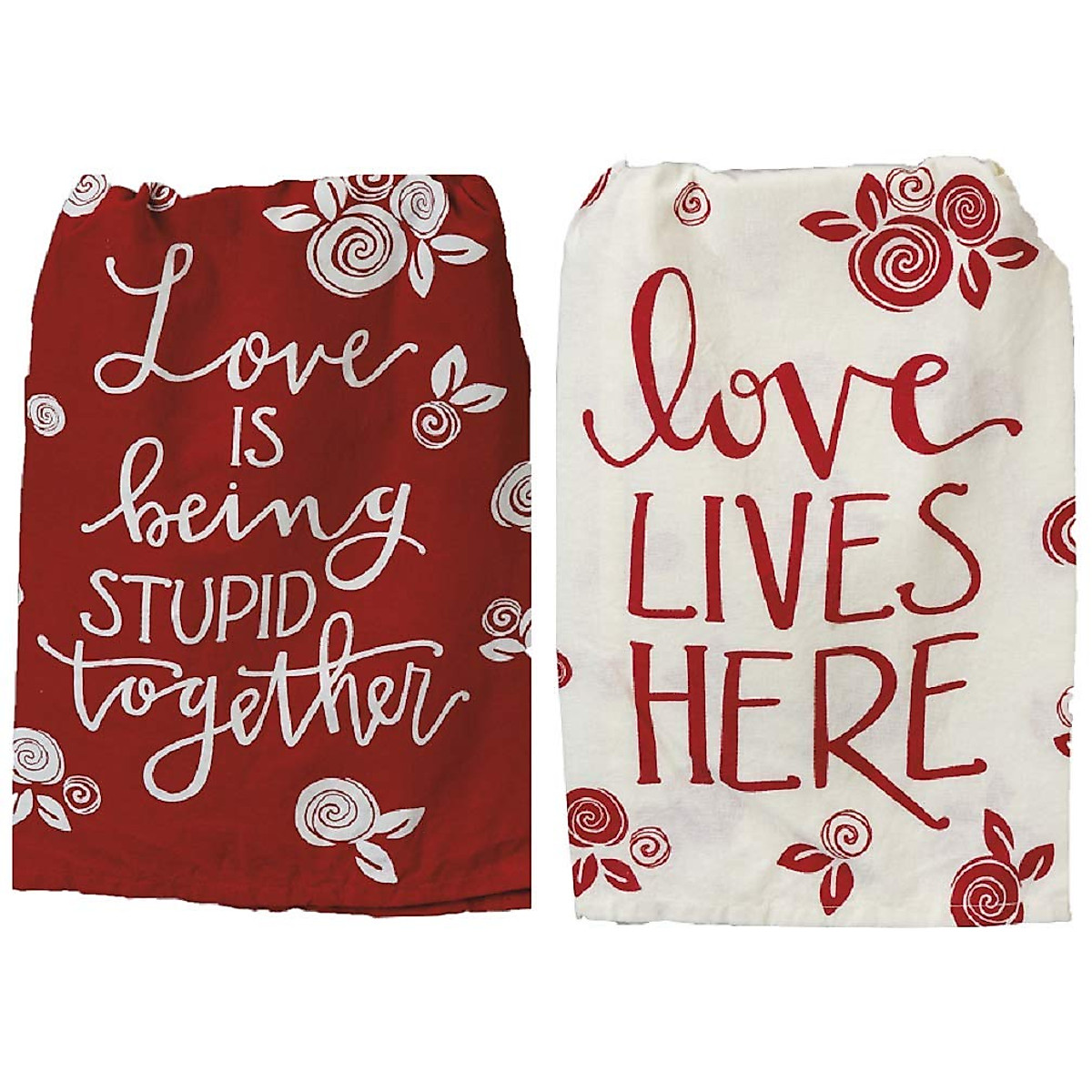 2 Piece Valentine Themed Towel Bundle - Sentiments Read Love Lives Here and Love Is Being Stupid Together
