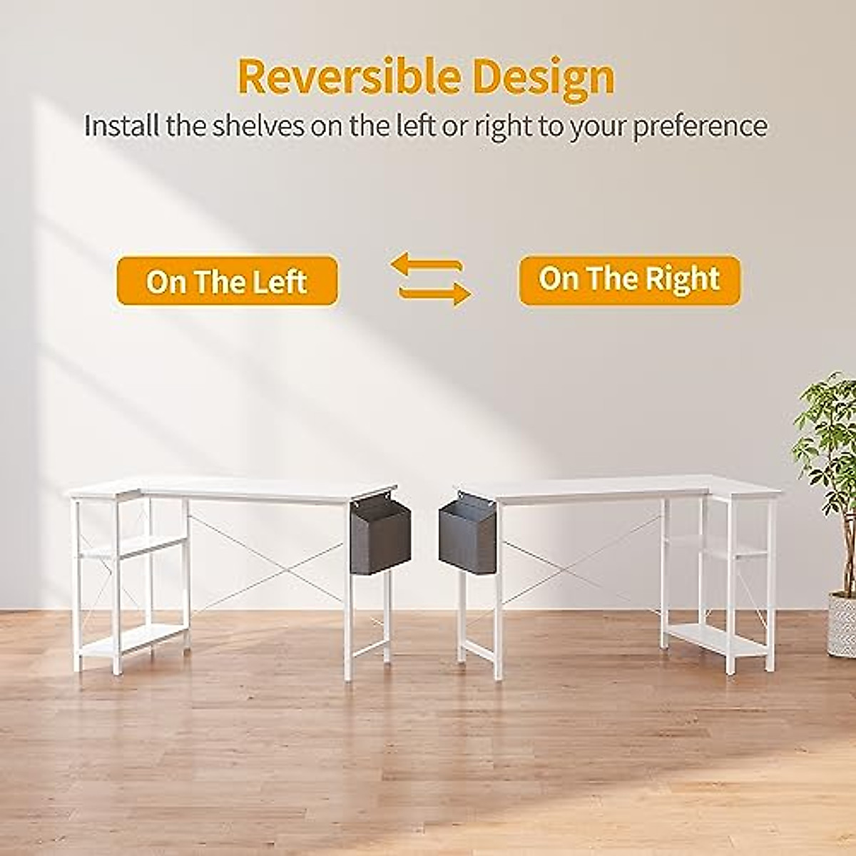 CubiCubi 47 Inch L Shaped Computer Desk with Storage Shelves, Home Office Corner Desk Study Writing Table, White