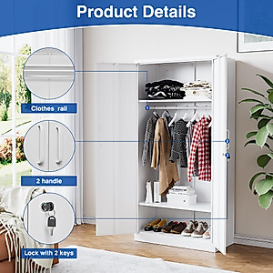 BYNSOE Metal Storage Cabinet 72'' Metal Locker with Locking Metal Storage Locker with Hanging Rod for Office Hospital Require Assembly (White)