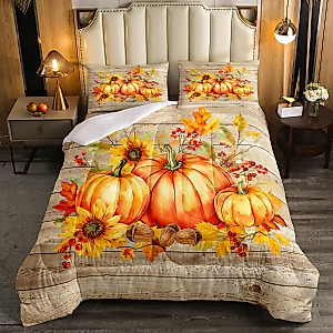 Happy Thanksgiving Fall Harvest Comforter Set Farm Leaves With Pumpkin Quilt Queen, Rustic Barn Door Bedding Set Autumn Maple Farmhouse Duvet Insert For Kids Boys Girls Teens Adult, Brown Gold