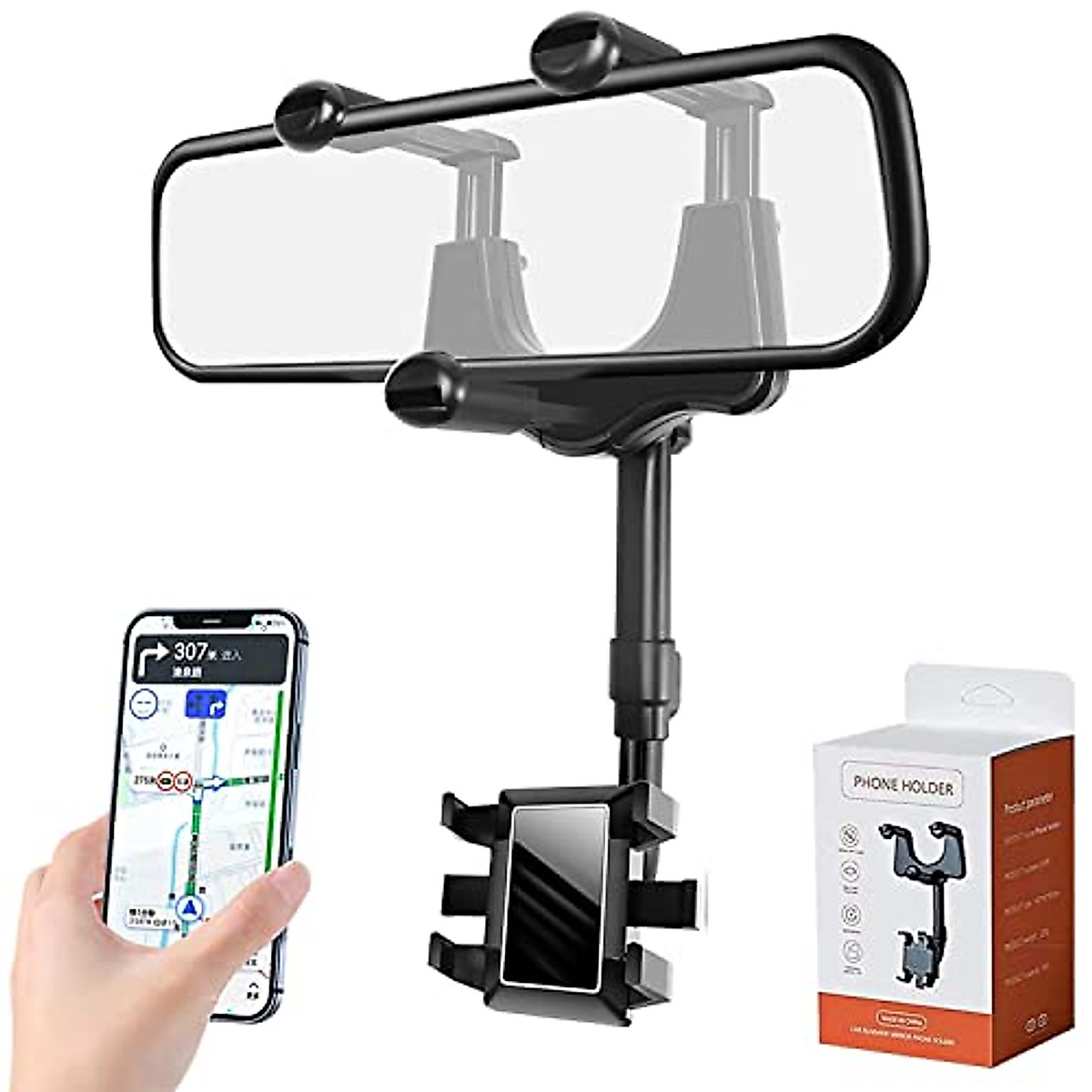 TwoHead 2022 Rearview Mirror Phone Holder for Car,360°Rotatable and Retractable Universal Multifunctional Adjustable Rear View Mirror Car Phone Holder Mount Fits Most Cars and Phone