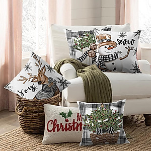 Harlang Christmas Pillow Covers 18x18 Set of 4 Farmhouse Christmas Decorations Snowman Wreath Santa Claus Tree Merry Christmas Hello Winter Holiday Decor Throw Cushion Case for Home Couch Pink