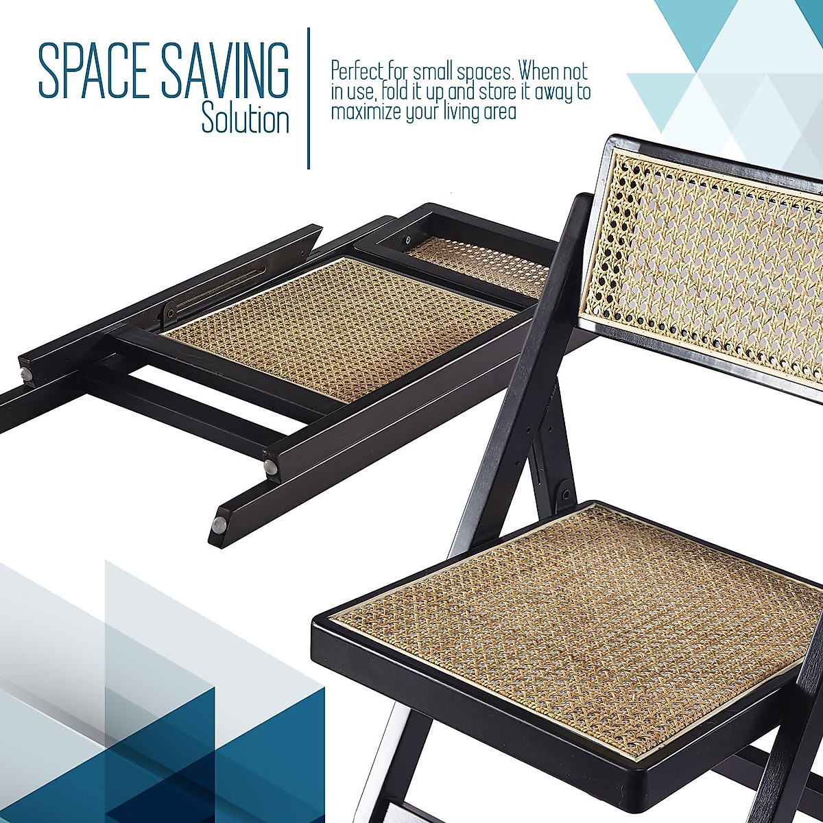 ISL Furnishings Ibiza Rattan Folding Chair, Deep Black Set of 2 – Modern Foldable Rattan Chairs for Outdoor Dining, Patio, Accent Chair for Living Room and Office, Space-Saver Design