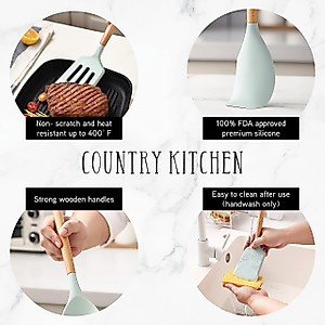 Country Kitchen Silicone Cooking Utensils, 14 Pc Kitchen Utensil Set, Easy to Clean Wooden Kitchen Utensils, Cooking Utensils for Nonstick Cookware, Kitchen Gadgets and Spatula Set