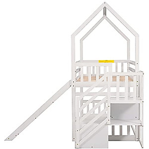 BOVZA Twin Over Twin House Bunk Bed with Convertible Slide, Wood Bunk Bed Frame with Stairs and Roof for Kids, Teens, Girls, Boys, White