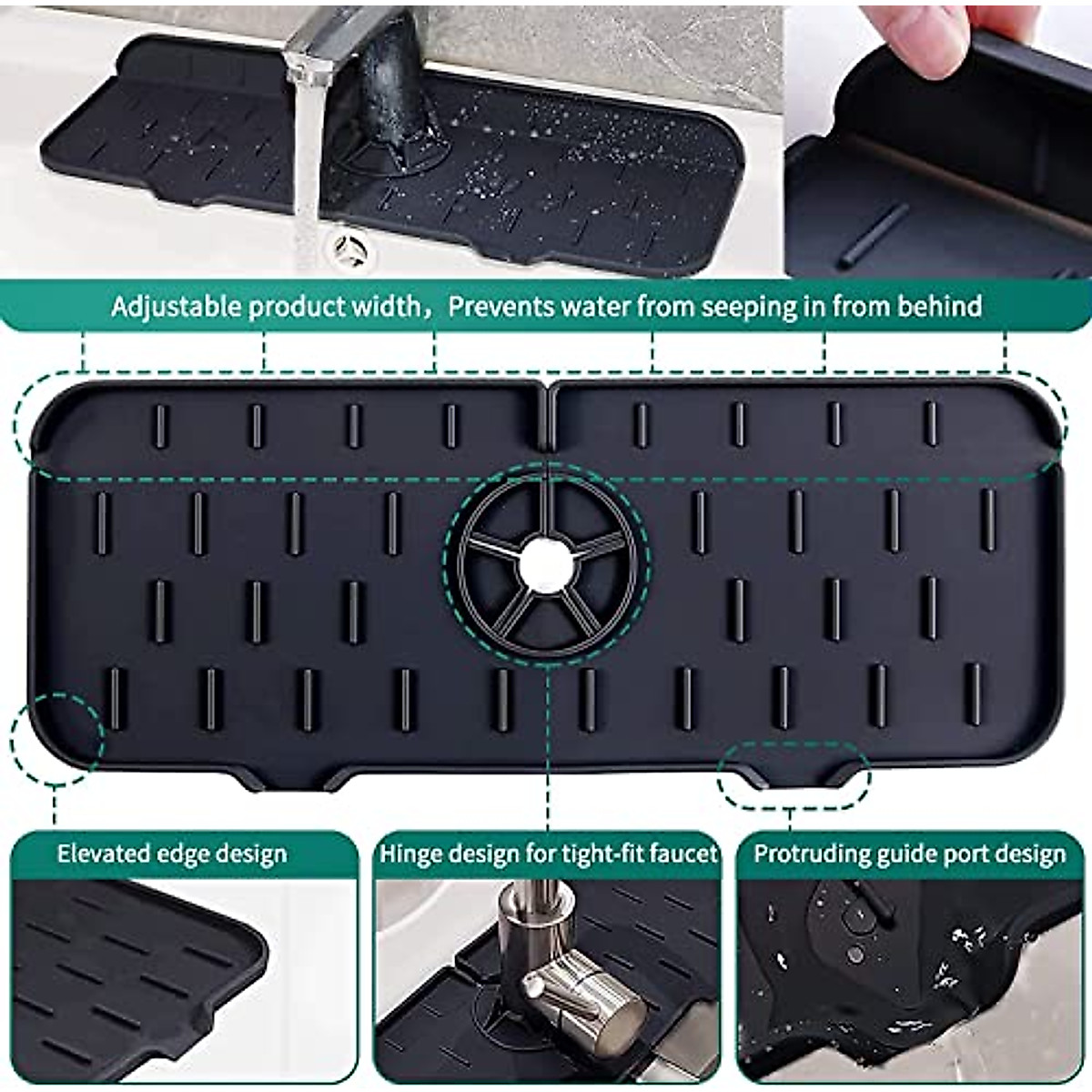Kitchen Faucet Sink Splash Guard Silicone Faucet Sink Water Catcher Mat Draining Pad Splash Countertop Rubber Drying Mat for Kitchen Bathroom Countertop Protect Sink Splash Guard(Black A)