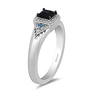 Jewelili Enchanted Disney Fine Jewelry Sterling Silver 4 MM Square Smoky Quartz and 1.25MM Cabochon Round Turquoise with 1/10 Cttw Natural White Round Diamond Pocahontas Ring, Size 7