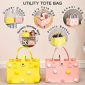 Yesesion 2 Pack Felt Storage Basket with Handle,Collapsible Baby Diaper Caddy Organizer, Portable Nursery Storage Bin for Bottles, Closet, Toys, Cute Tote Bags for Kids/Women (Medium-Pink/Yellow)