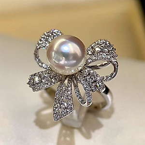 Elegant Bow Knot Pearl Rings for Women Rhinestone CZ Crystal Butterfly Tie Open Statement Ring Promise Engagement Rings Anniversary Wedding Band Jewelry