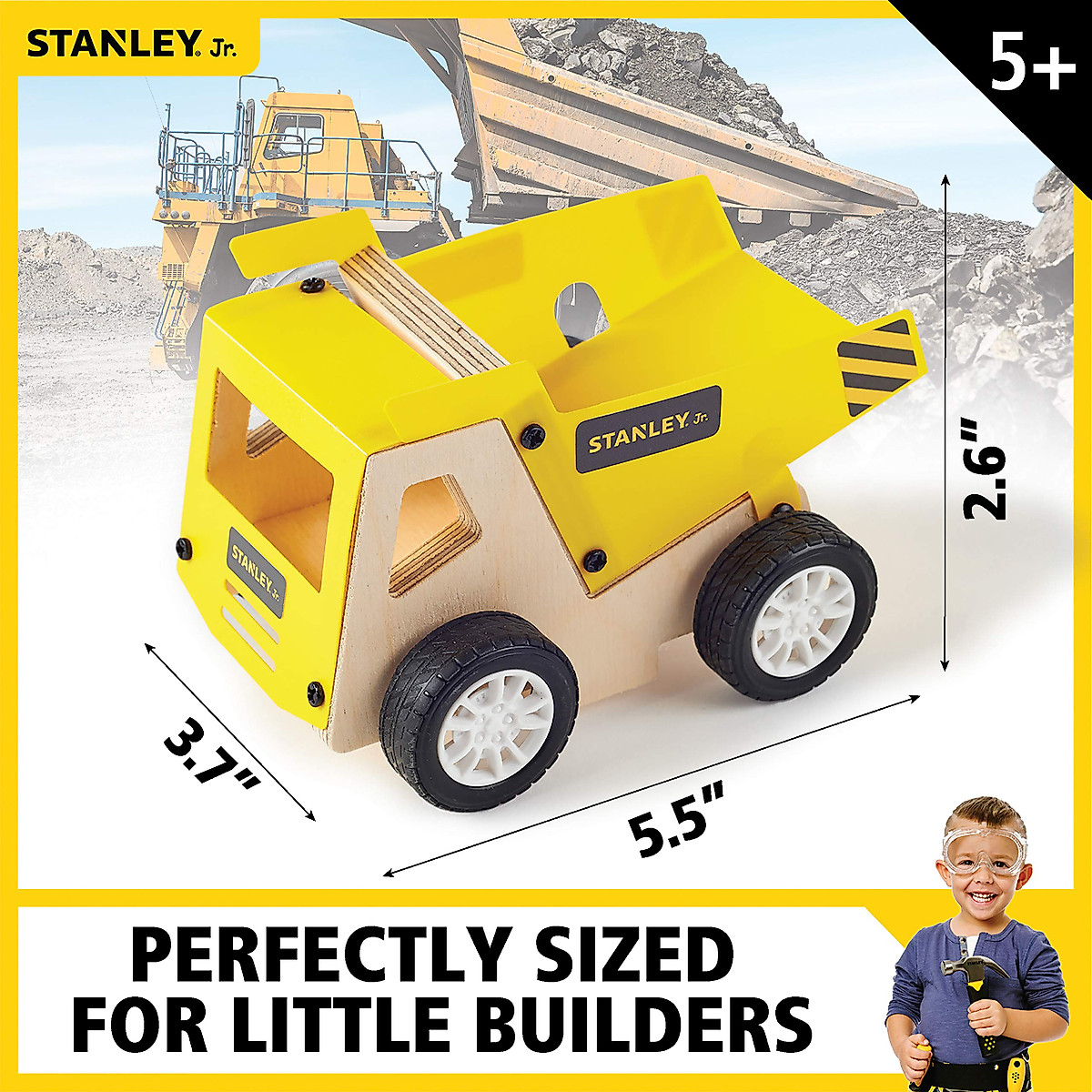 Stanley Jr. DIY Dump Truck Kit for Kids - Easy to Assemble Model Truck Kit - Yellow Dump Truck Model Set - Wood Dump Truck Craft - Paint & Decals Included