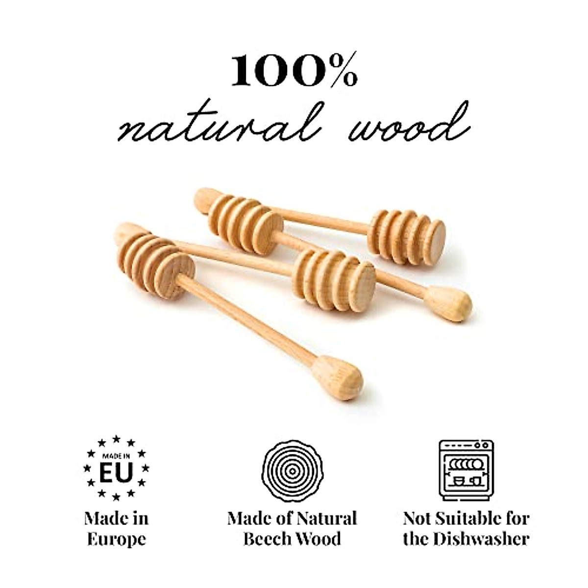 tuuli kitchen – Wooden Honey Dipper, Set of 4 Beechwood Stir Sticks for Syrups, Melted Chocolate and More, Honey Stirrers for Tea, Wooden Sticks for Crafts and Props, 6 inches