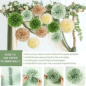 PAPER JAZZ Sage Green Party Decorations Sage Green Tissue Paper Pom Poms Circle Dots Garland Leaf Confetti Hanging Backdrop for Girl Women Birthday Baby Shower Bridal Shower Wedding Party Supplies