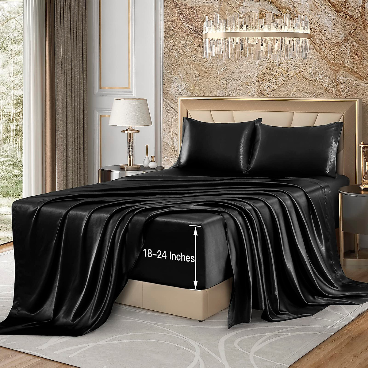 VACVELT 4pcs Extra Deep Pocket Satin Sheets Queen Size Bed Set, Black Satin Sheet Set Fit 18-24 Inch Deep Pocket Mattress, Silky & Luxury Satin Bedding Set Soft & Ultra Deep Fitted Sheet Set