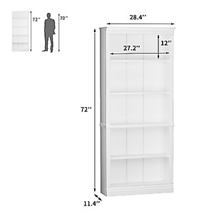Furniwell Bookcase Bookshelves, 5-Shelf Tall Bookcase 72" Wood Open Display Floor Bookshelf, Large Storage Organizer for Library, Bedroom, Living Room (White)