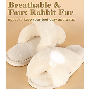 Ankis Women White Fuzzy Fluffy Slippers Soft Cozy Plush Memory Foam Open Toe Slippers for Bedroom, Comfy Cross Band Slippers for Womens House Indoor Size 5 6