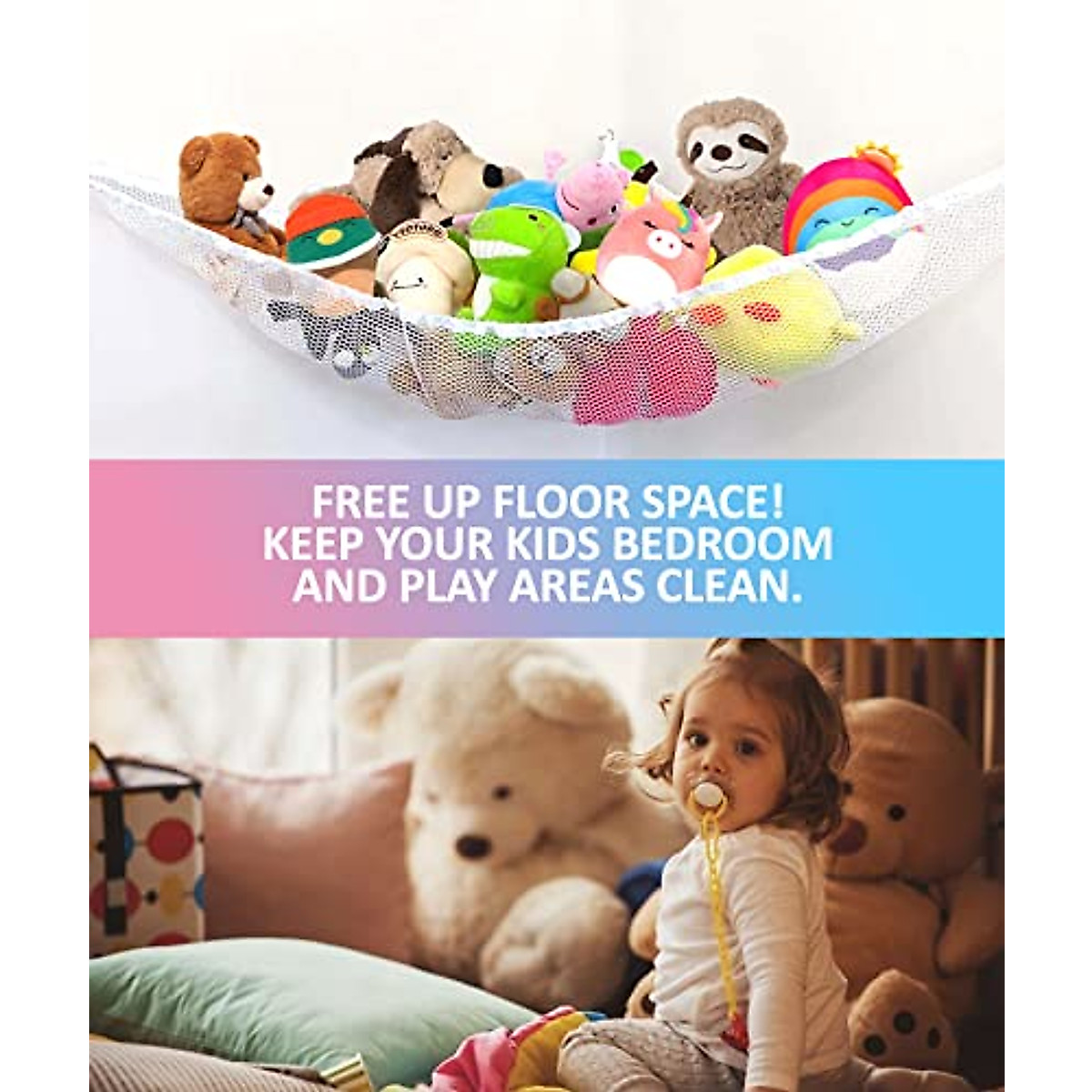 PLS Stuffed Animal Toy Hammock Net for Wall Hanging Plush Toy Storage and Kids Room Organization for Girls Room in Pink