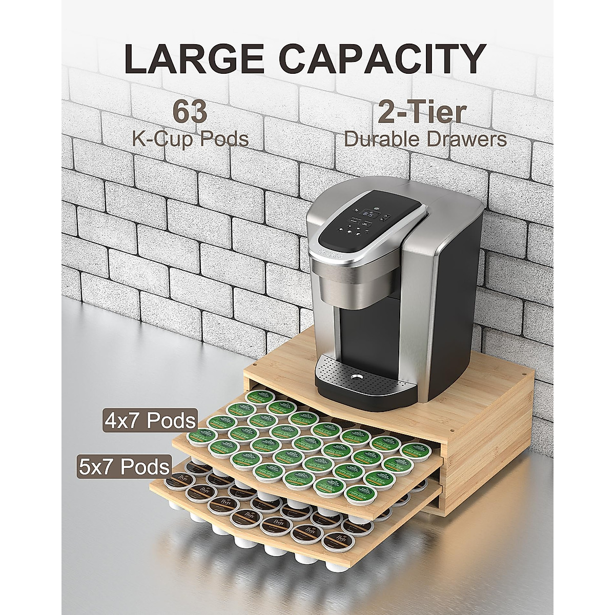 WELL WENG for Keurig Coffee Pod Holder Drawer (KK270) - Premium Bamboo, Compatible with K-Cups, 70 Pod Pack Capacity Rack, 2-Tier Holder & Storage - Natural Bamboo