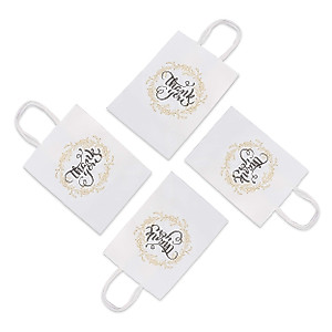 OSpecks 50 Count Small Thank You Gift Bags Bulk with Handles, White Kraft Paper Bags for Retail Shopping, Wedding, Goodies, Merchandise for Customers or Guests, Size 5.25 x 3.75 x 8 Inches
