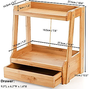 Lyellfe 2 Tier Bamboo Makeup Organizer, Bathroom Counter Organizer with Drawer, Multi-purpose Cosmetic Perfume Display Stand for Skincare, Lipstick, Jewelry, Brush, Easy Assembly