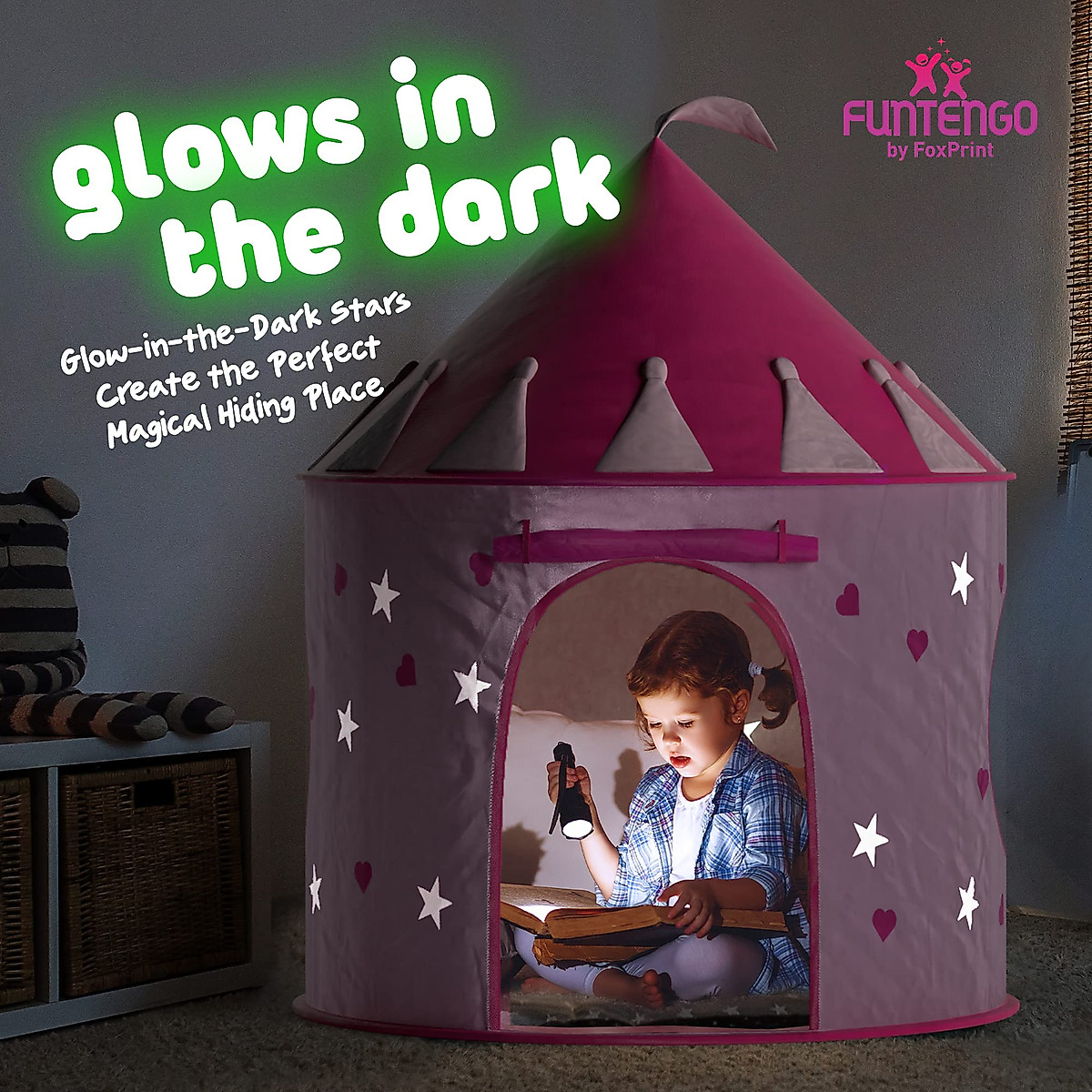 FoxPrint Princess Castle Play Tent with Glow in the Dark Stars Folds in Carrying Case Foldable Pop Up Pink Play Tent/House Toy for Indoor&Outdoor Use