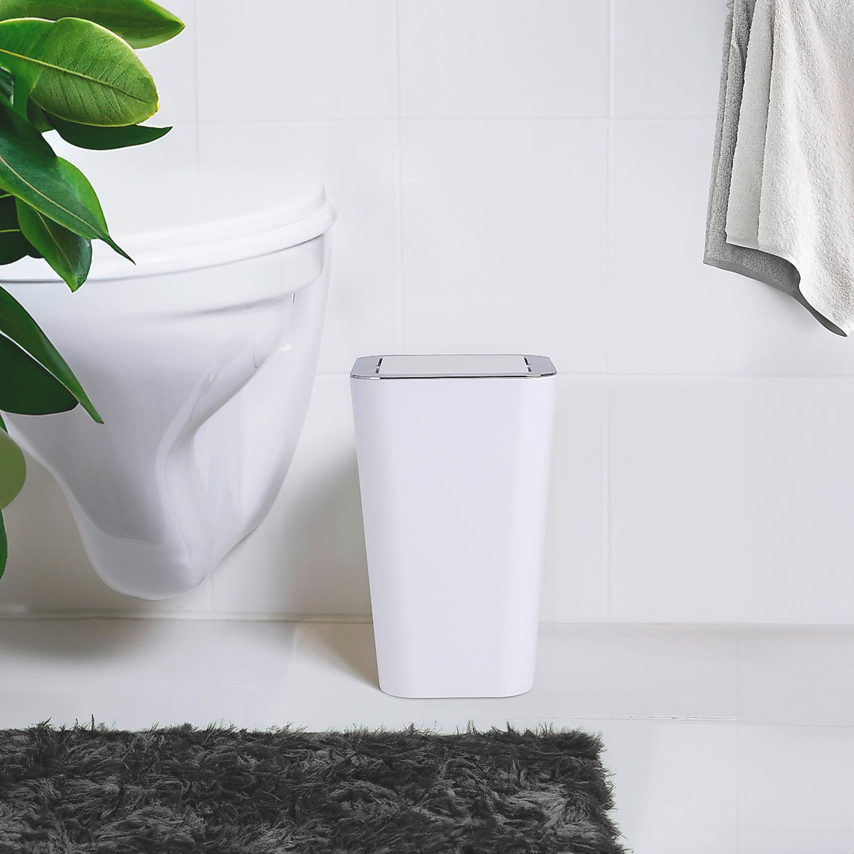 WENKO Small Trash Can with Swing Top Lid, Mini Waste Basket, Stylish Garbage Bin for Bathroom, Bedroom, Kitchen, 1.6 Gallon, 7.1 x 11.2 x 7.1 in, White