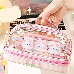 Mokernali Cute Rabbit Pen Bag, Rabbit Pattern Double Layer Pen Bag, Waterproof Transparent Kawaii Pencil Case Pink Cosmetic Bag with Handle