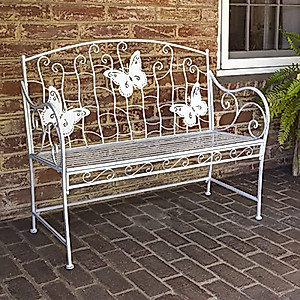 Alpine Corporation Alpine 43" L Indoor/Outdoor 2-Person Metal Garden Butterfly Backrest, White Bench