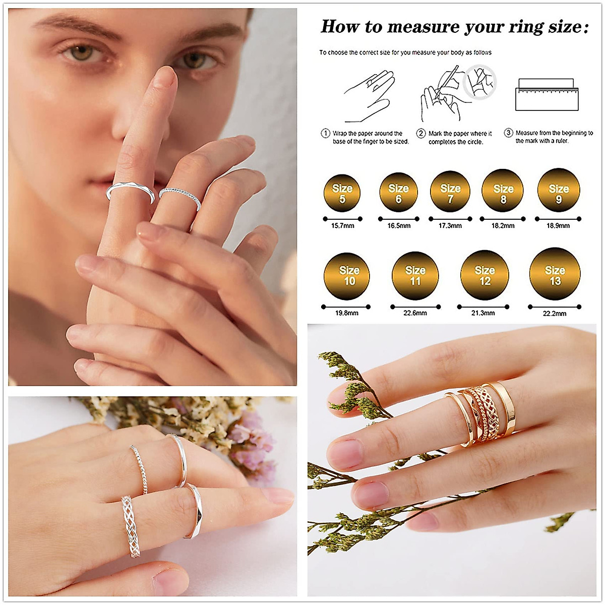 Honsny 14K Gold Rings Stacking Rings for Women Stackable Silver Rings Thin Rose Gold Band Ring Set Simple Midi Thumb Finger Ring Size 4-11