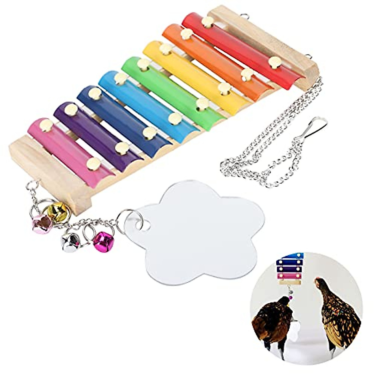 LZKW Chicken Xylophone Toy, Chicken Toys Chicken Coop Pecking Toy Non‑Toxic Natural with Mirror Bell 8 Metal Keys for Parrots for Attracting Chicken for Hens