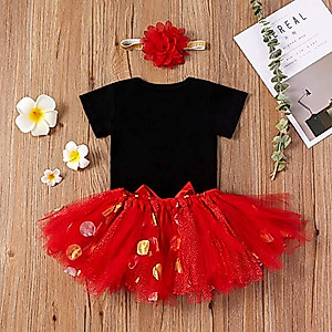 Newborn Infant Girl Skirt Outfits Red Heart Black Romper+Golden Dots Red Tulle Tutu Skirt Baby Clothes Valentine's Day (0-3 Months, Daddy's Little Valentine Outfits)