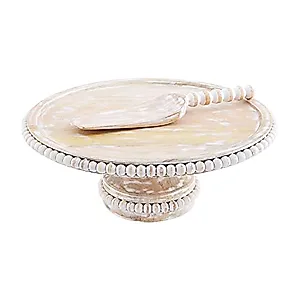 Mud Pie, White, Beaded Wood Cake Set, stand 4.75" x 12" dia | server 9.5"