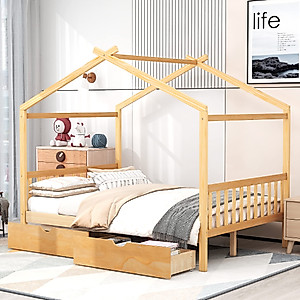 Harper & Bright Designs Full House Bed for Kids, Wooden Full Size House Bed Frame with Two Drawers, Full Storage Bed with Headboard and Footboard,Roof Design for Girls Boys, Natural