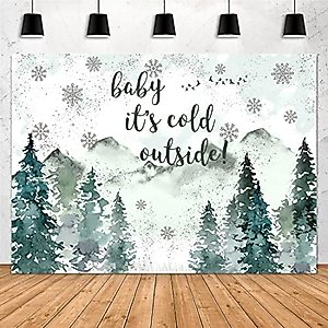 Aperturee Winter Mountain Baby Shower Backdrop 7x5ft Baby It's Cold Outside Decorations Banner Snow Forest Snowflake Photography Background Woodland Adventure Gender Neutral Party Supplies