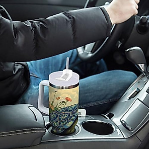 Slewiaeky Tumbler with Handle 40 oz Retro Tortoise Turtle Travel Mug with Lid and Straw Ocean Stainless Steel Vacuum Insulated Water Bottle Cup for Iced Tea Coffee Cold Beverages Cup Holder Friendly