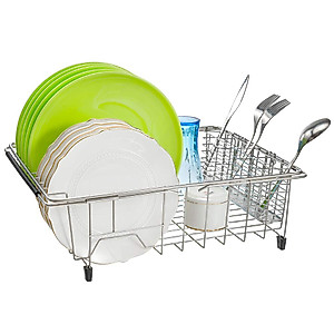 SANNO Expandable Sink Dish Drying Rack, Deep Large Dish Drying Rack with 4 Division Utensil Silverware Cutlery Holder, Dish Drainer Shelf Dish Rack in Sink On Counter, Rustproof Stainless Steel