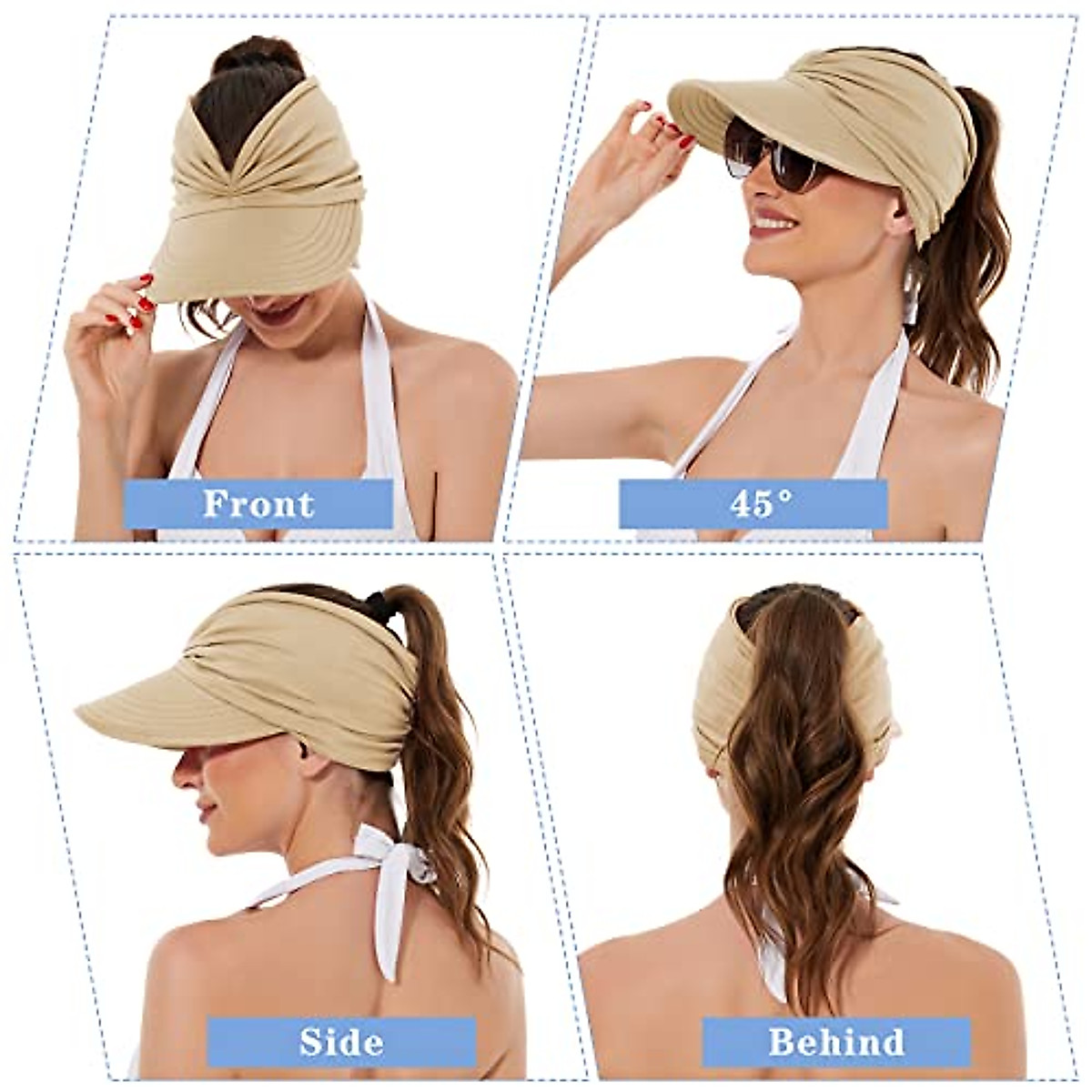 Zando Womens Sun Visor Hat Wide Brim Sun Hats for Women UV Protection Hat Packable Womens Visors for Summer Hats for Women Beach Hat Tennis Sun Visors for Women with Ponytail Hat Beige Visor