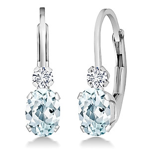 Gem Stone King 925 Sterling Silver Sky Blue Aquamarine & White Diamond Leverback Earrings For Women (1.07 Cttw, Gemstone Birthstone, Oval 6X4MM, Round 2MM, 3/4 Inch)