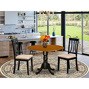 East West Furniture DLAN3-BCH-C 3 Piece Dining Room Table Set Contains a Round Kitchen Table with Dropleaf and 2 Linen Fabric Upholstered Dining Chairs, 42x42 Inch, Black & Cherry