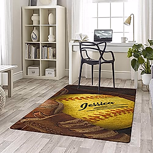 Custom Gloves Ball Softball Yellow Indoor Area Rug Carpet Welcome Doormat for Camping Swimming Pool Classroom Hotel Barbershop Dental for Girl, Women, Adult Gifts for Sport Lovers