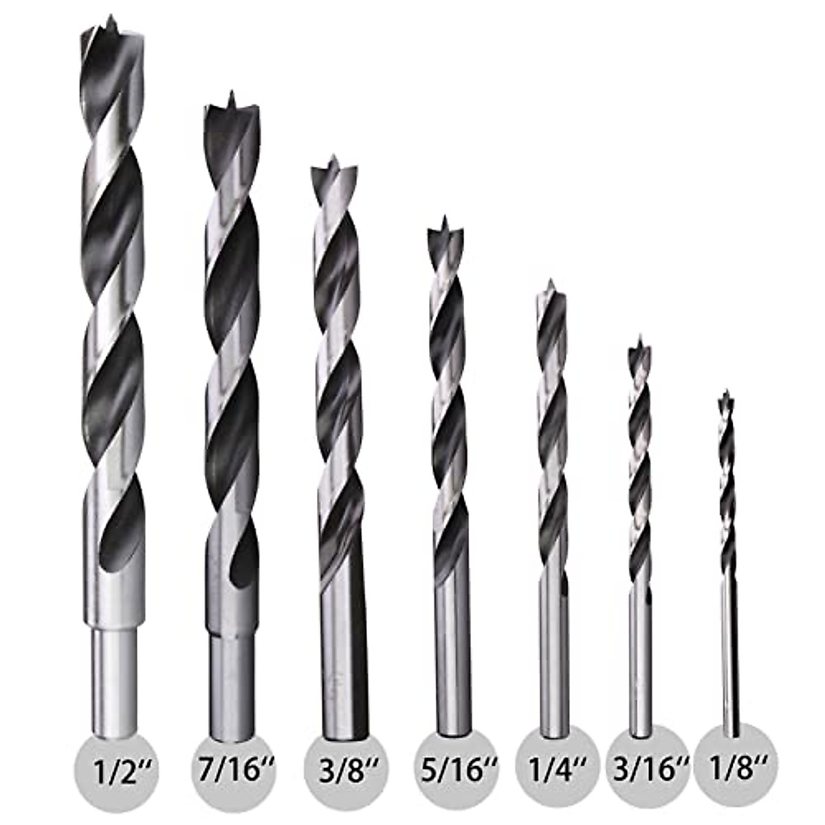 MKC Chrome Vanadium Brad Point Drill Bit Set, 7-Piece Imperial Sizes Includes 1/8 Inch Inch, 3/16 Inch Inch, 1/4 Inch Inch, 5/16 Inch Inch, 3/8 Inch Inch, 7/16 Inch Inch, 1/2 Inch Inch Inches