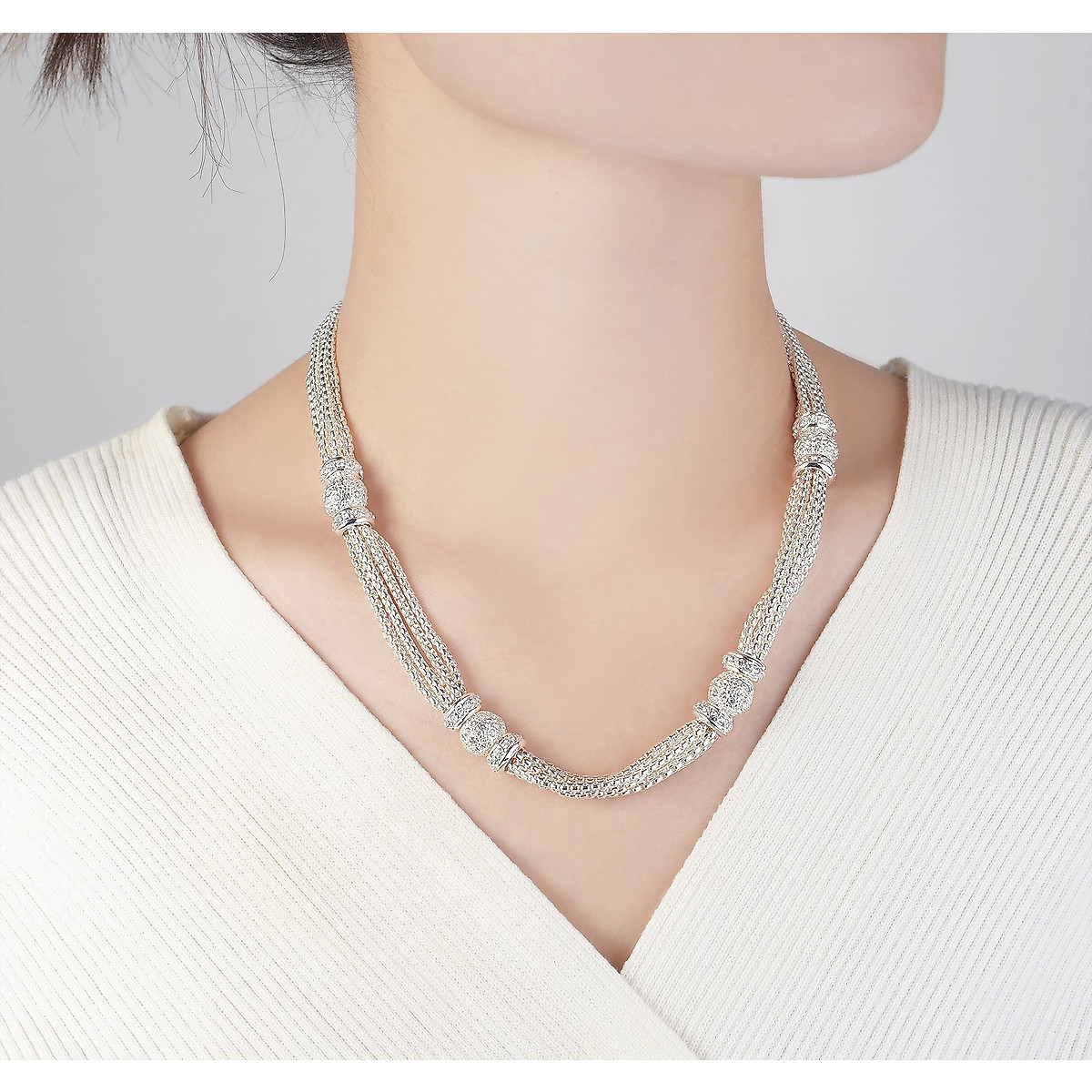 UNY JEWEL Style Trendy Elegant Vintage Unique David Fahsion style Lobster Claps Women Multi String Short Necklace (Silver)