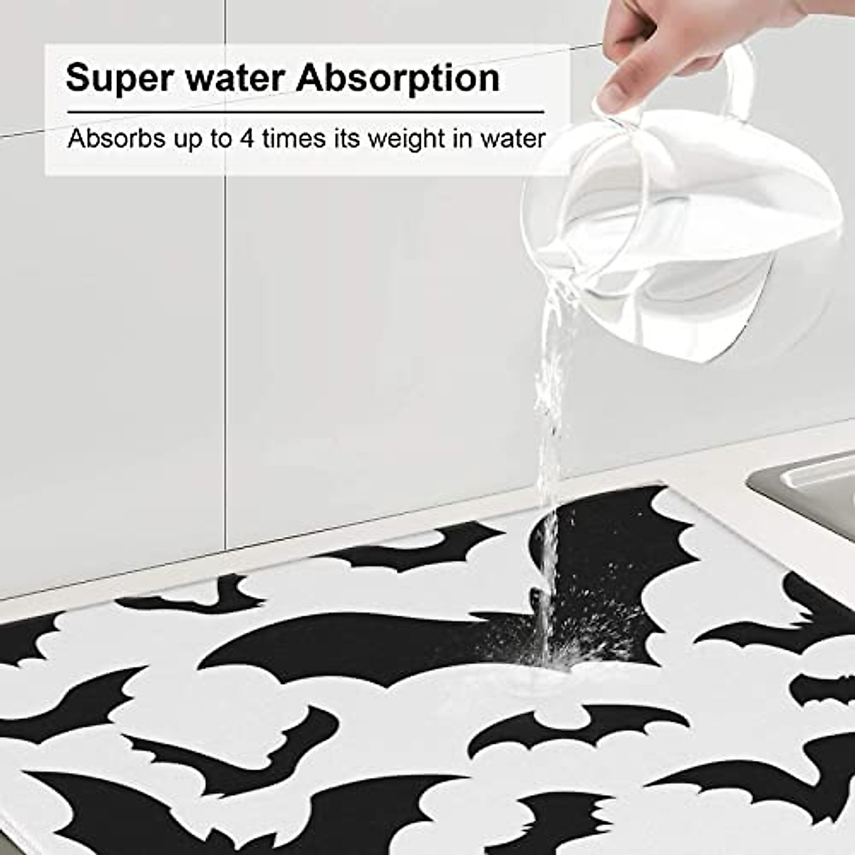 Halloween Bats Printed Drying Mat For Kitchen Ultra Absorbent Microfiber Dishes Drainer Mats Non-Slip Silicone Quick Dry Pad - 18 X 16inch